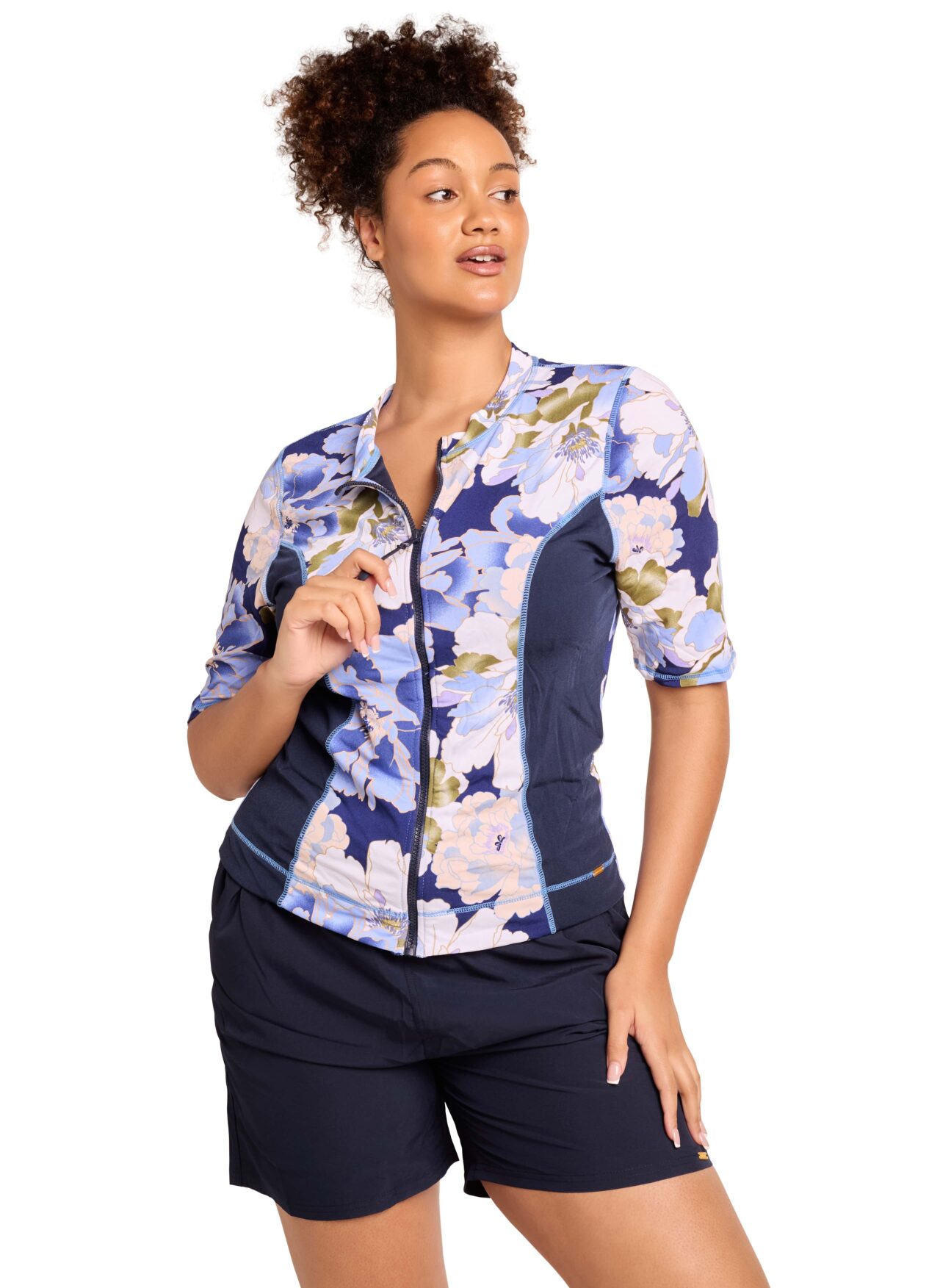 Vintage Floral Zip Front 3/4 Sleeve Rash Top - Genevieve Swimwear